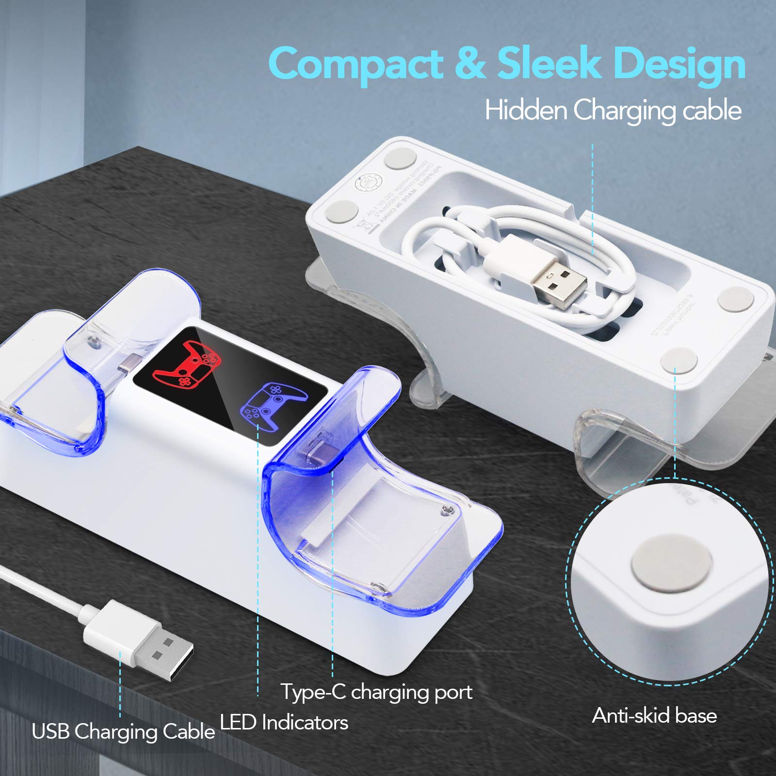 ASRANT Asrant 2021 Newest Ps5 Controller Charger Station, Dual Sense Ps5 Charging Dock with LED Indicator for Sony Dual Playstation 5 Controller, Safety Chip Protection, Dual USB Type C Fast Charging
