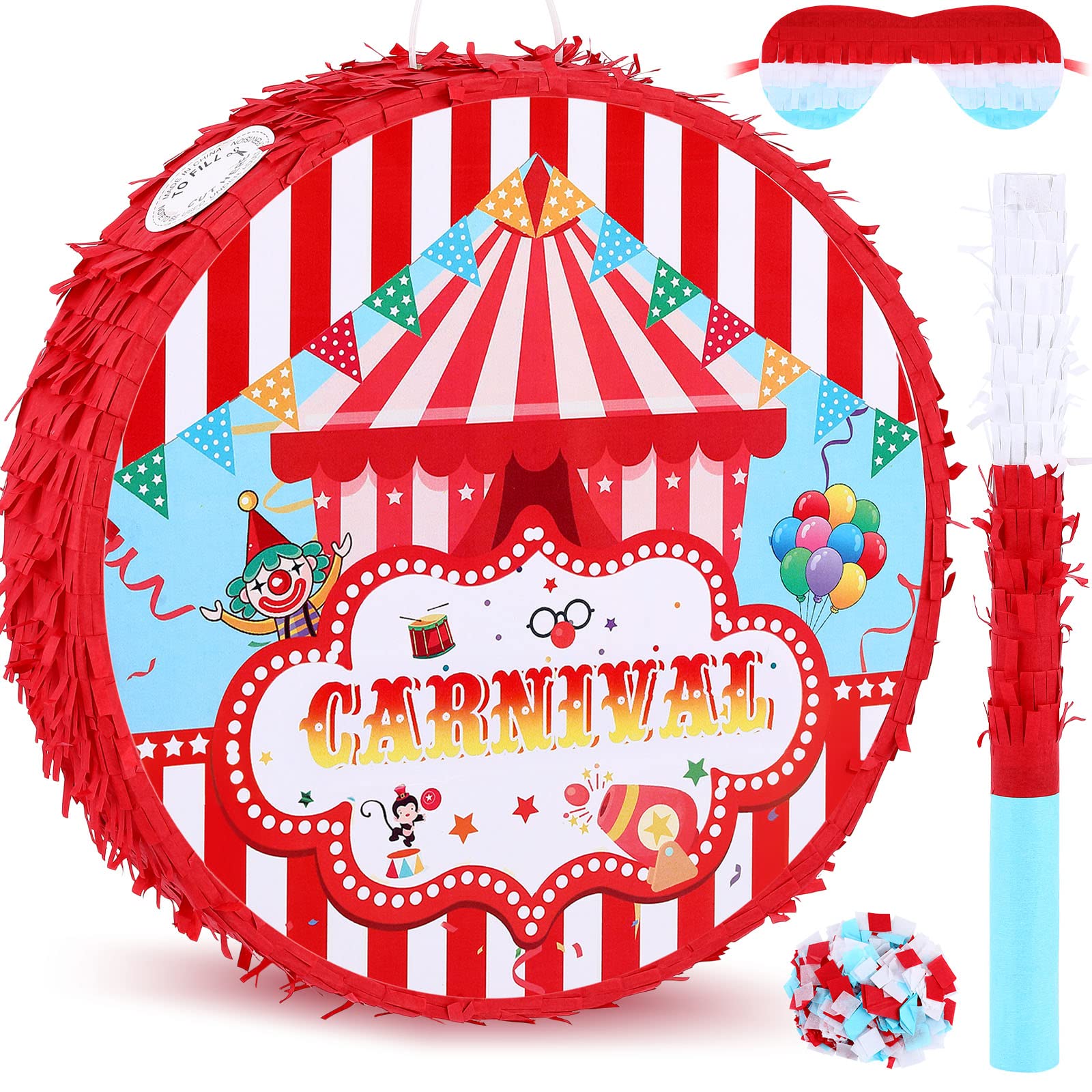 Deekin Carnival Pull String Piñata Circus Tent Piñata with Blindfold Piñata Stick and Confetti Large Carnival Piñata for Birthday Party Circus Carnival Party Decorations Supplies for Kids Baby Shower