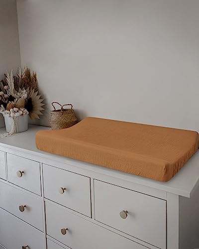 Muslin Changing Pad Cover, Ultra Soft Cotton Diaper Changing Table Covers for Baby Girls Boys, Boho Changing Pad Sheets Neutral, Comfy and Breathable, 2 Pack (Retro Yellow & Beige)