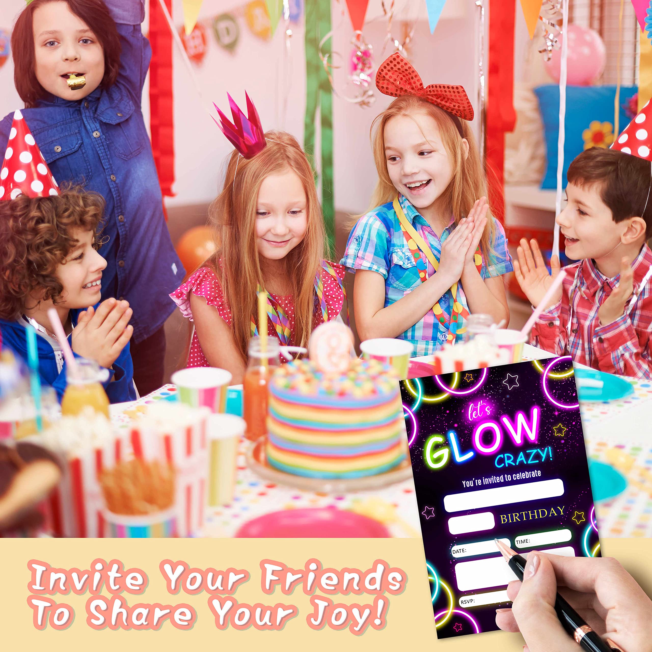 DETIHO 4" x 6" Glow Theme Birthday Party Invitation Cards With Envelopes - Let's Glow Crazy - Neon Party Invitation - 20 Sets - E22