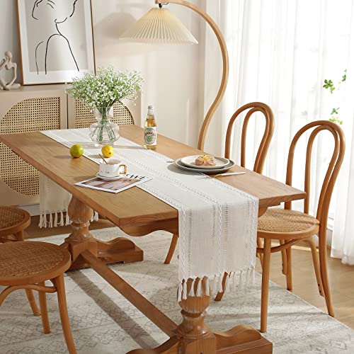 Laolitou Rustic Table Runner with Tassels, Cotton Linen Table Decoration for Holiday Party, Farmhouse Table Runners, Wedding and Dining Decorations, 72 Inches, Ivory