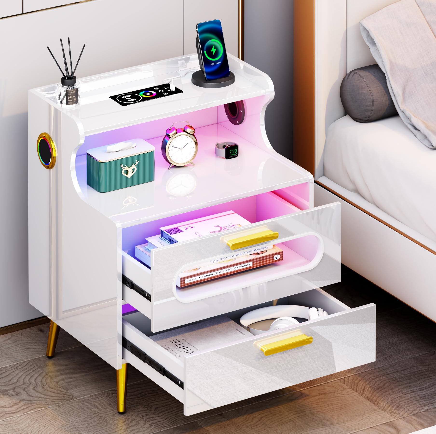 Smart Nightstand with Bluetooth Speaker - Bedside Table with LED Lights & Human Sensor, Modern End Table with Wireless Charging Station, Night Stand with Drawer for Bedroom White