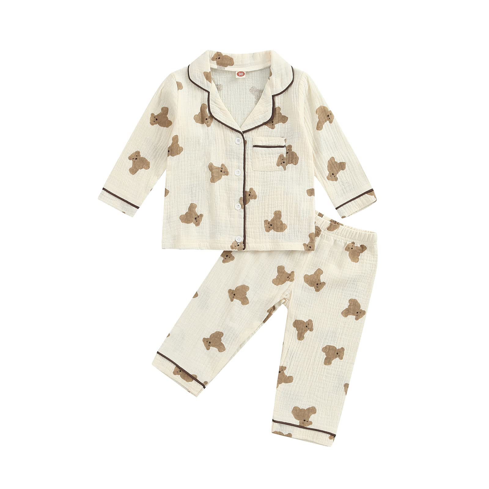 BULINGNA Kids Toddler Girl Boy Two Piece Pajamas Set Long Sleeve Button Down Pajama Shirt Top Long Pants Bear Sleepwear Pjs Set (Apricot, 2-3T)