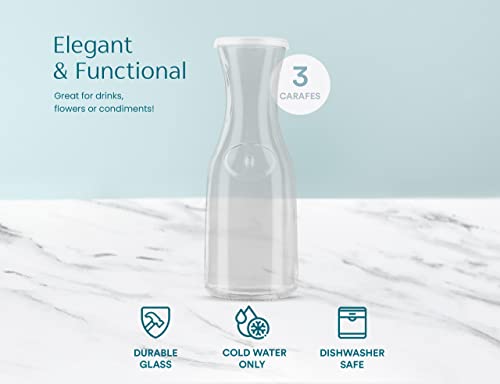 Large Glass Carafe Pitchers, By Kook, 50 oz Beverage Dispensers, Clear Jugs For Mimosas, Water, Wine, Milk and Juice, with Plastic Lids, Dishwasher Safe, of 3