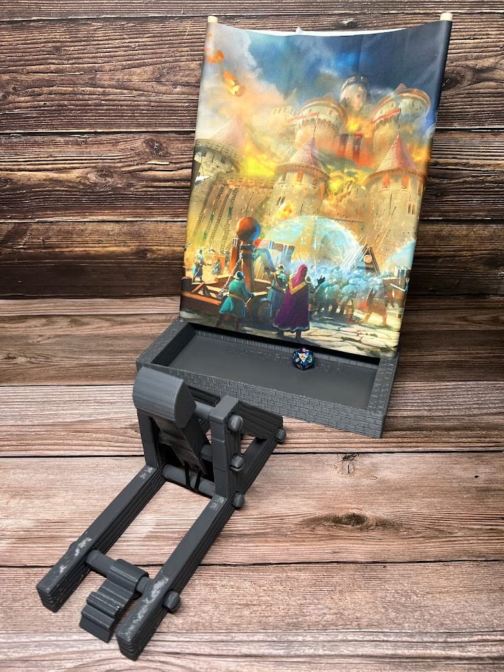 MunnyGrubbers - Catapult Dice Roller - (Random 7PCS D20 Dice Set Included) - Tabletop RPG - Dice Crossbow - Dice Holder - Dice Popper - Dice Tower - Dungeons and Dragons - DND - D&D - (Gray)