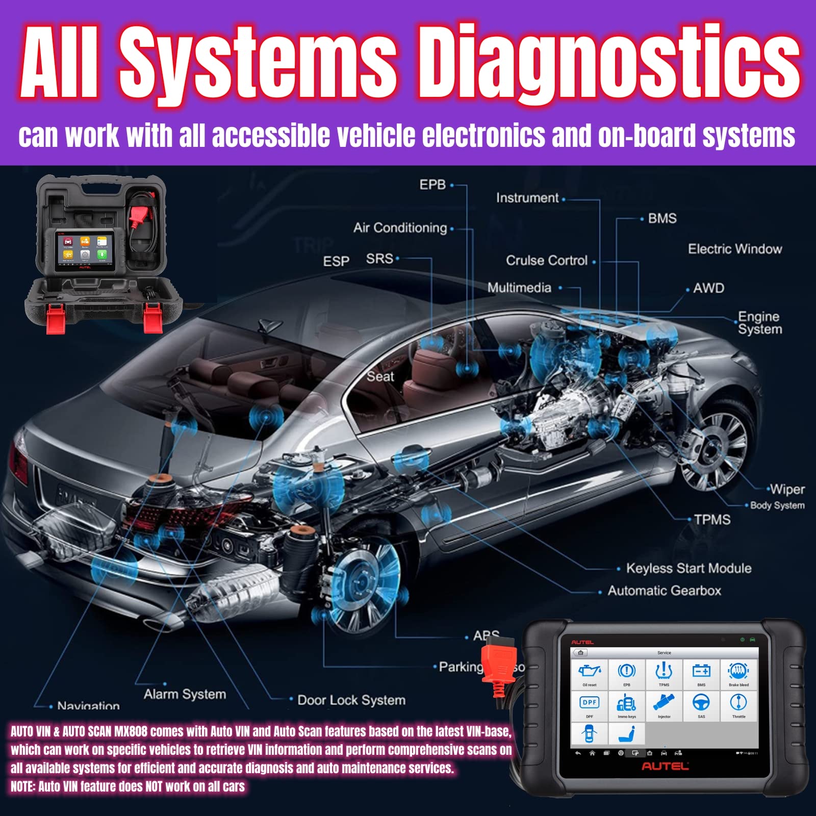 Autel MaxiCheck MX808 Diagnostic Scan Tool OBD2 Scanner Same as maxicom mk808 MK808S can Scanner para Autos maxisys xtool Auto Vin Auto Scan Autos 28+ Services (2 Years Free Update Save $125)