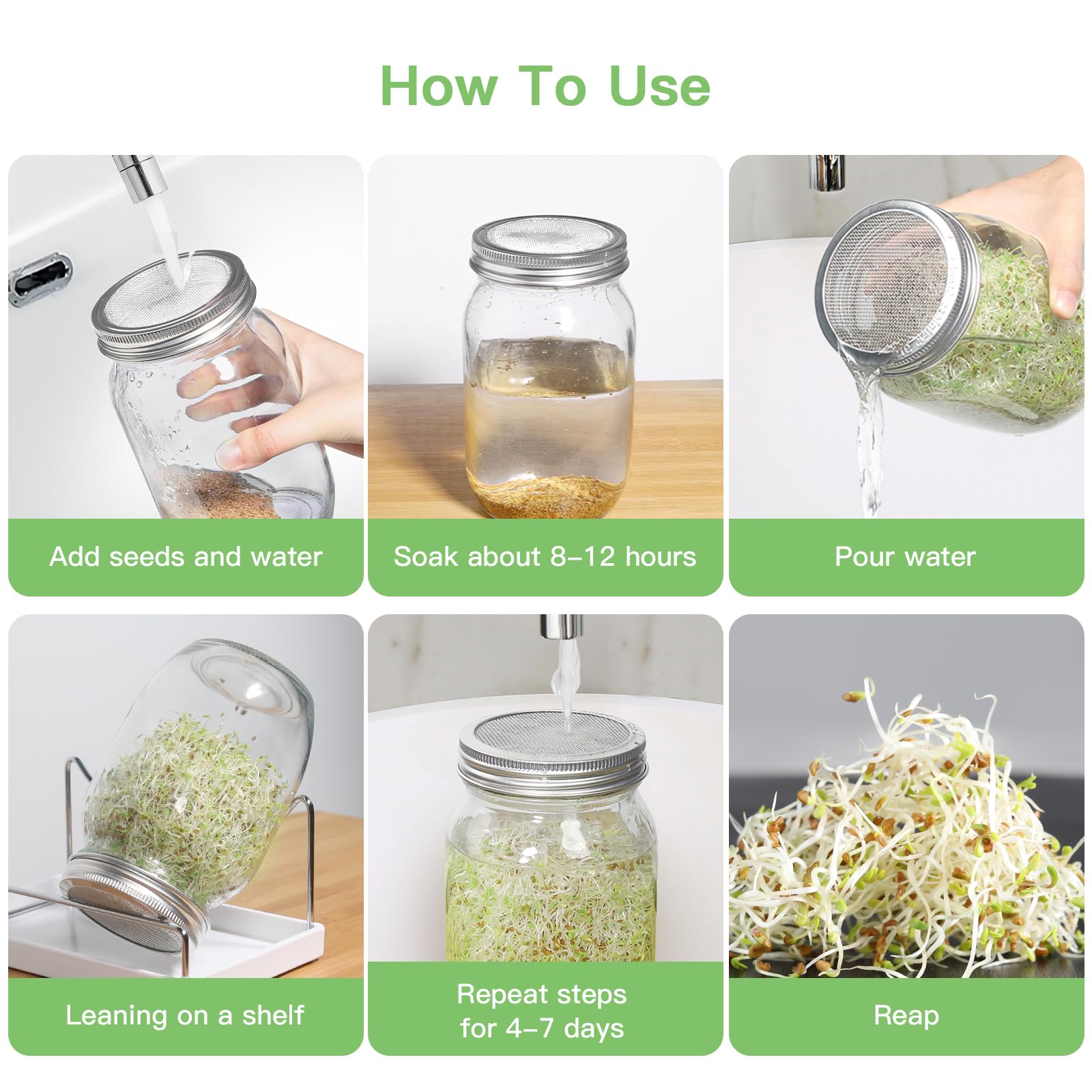 SBMKK Seed Sprouting Jar Kit - 2 Wide Mouth Mason Jars with 316 Stainless Steel Sprouting Lids Covers, Drip Tray and Stand for Growing Broccoli Alfalfa Beans Sprout (Two Jars)
