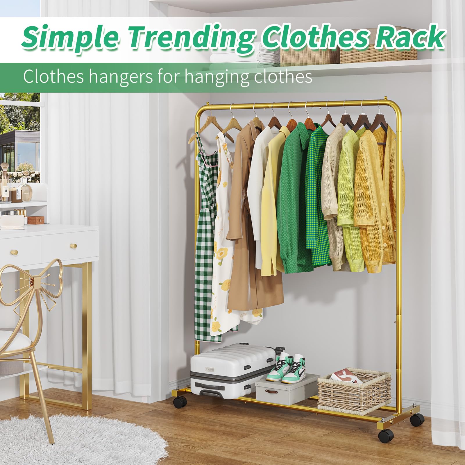 Simple Trending Standard Clothes Clothing Garment Rack with Storage Shelves, Rolling Clothes Organizer on Wheels for Hanging Clothes, Golden Yellow