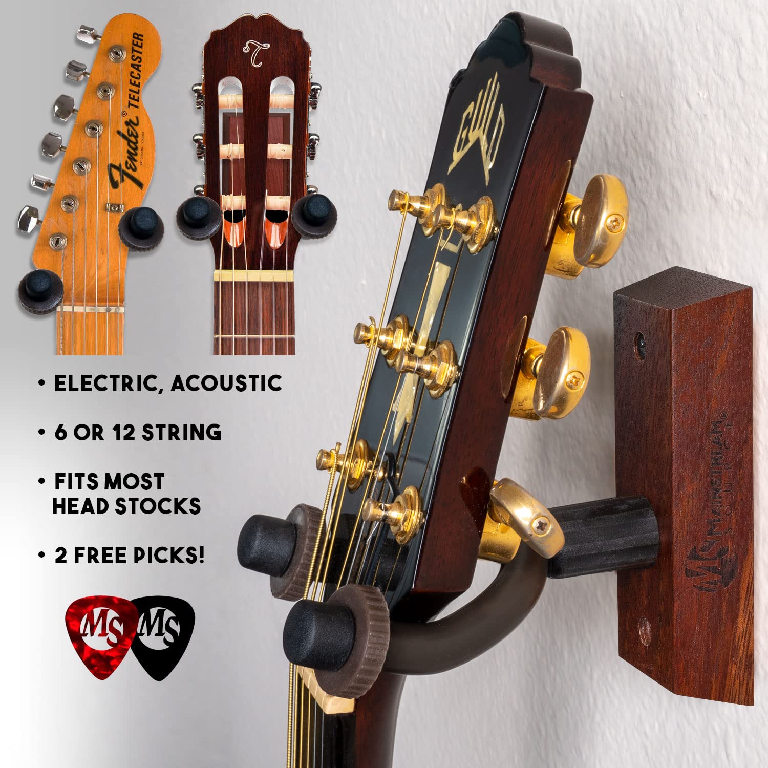 Mainstream Source® Guitar Hanger Cradle and Wall Mount – Guitar Hanger Wall Mount with Padded Cradle and Large Wooden Base, Great for Electric, Bass, or Acoustic Guitars (Rosewood, Pack of 1)