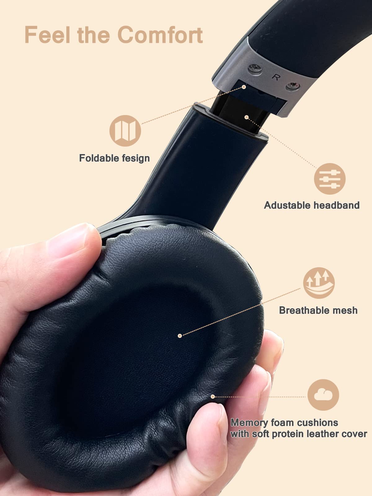 BASEMAN Active Noise Cancelling Headphones - Over-Ear Deep Bass Bluetooth Wireless Headphones with Built-in Mic, Foldable Headset for Travel, Work [Comfortable Ear-Pads, Long Battery Life] - Black