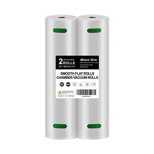 MAGIC SEAL Chamber Vacuum Sealer Bags Rolls, Clear 12’’×50’ Smooth Flat Rolls 2 Pack, BPA Free Great for Food Vac Storage or Sous Vide, Puncture Prevention, Commercial Grade (12''x50'-2 rolls)