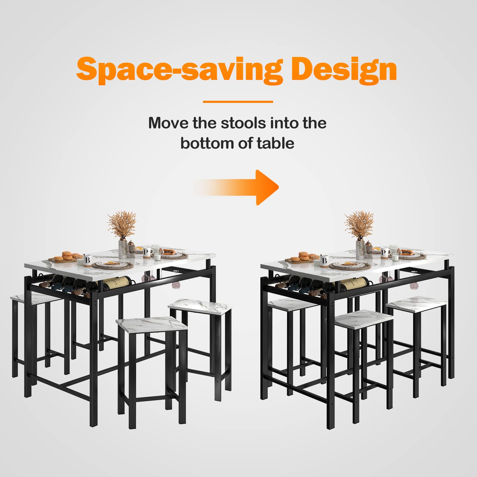 basenji Dining Table Set for 4, 5 Piece Kitchen Table and Chairs with Wine Rack and Glass Holder, Bar Table and Chairs Set Space Saving for Pub Breakfast (White Statuario Wine Rack)