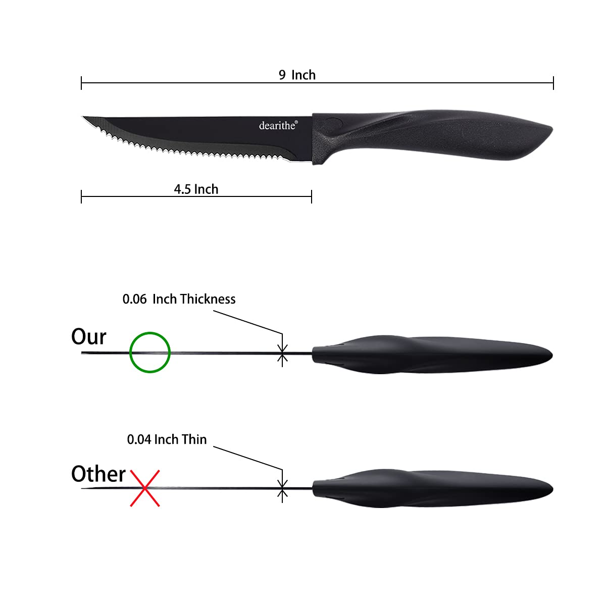 dearithe Steak knives set of 6, Black Serrated Stainless Steel Sharp Blade Flatware Steak Knife Set, 4.5 Inches,Non stick coating for Anti-rusting, for Restaurant Tableware Kitchen Camping