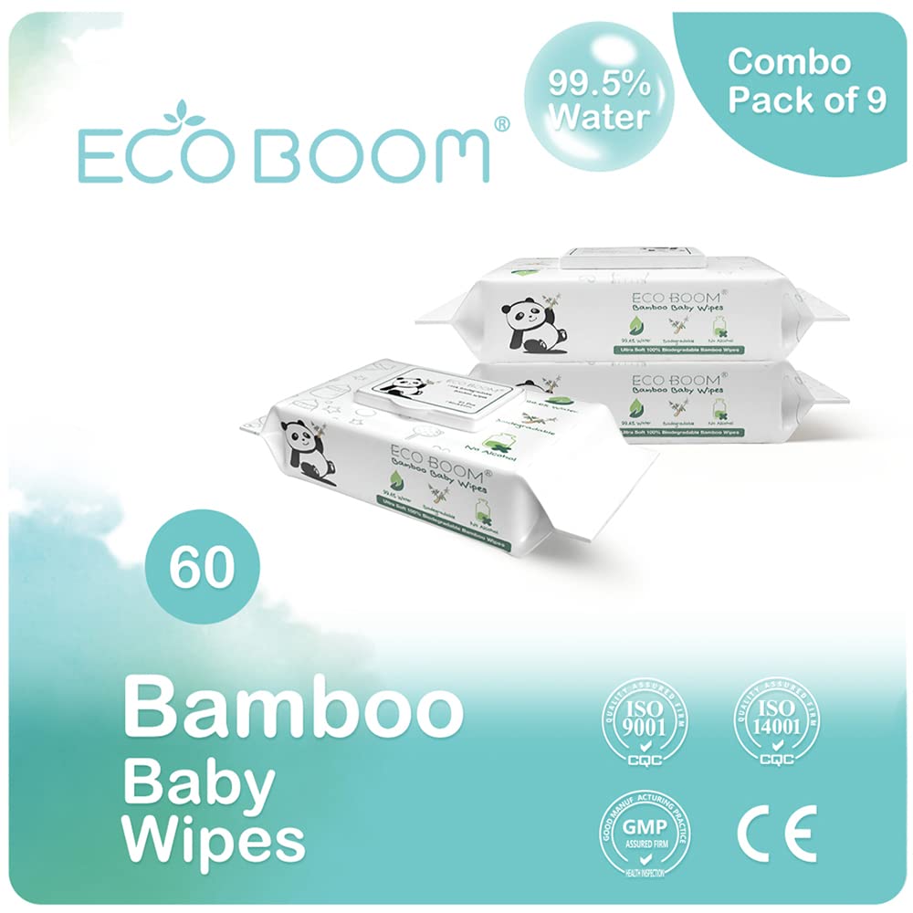 ECO BOOM Bamboo Wipes Eco 100% Baby Wet Wipes Ideal for Newborn Skin 540 Count Unscented