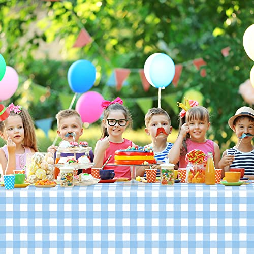LIKAJON 6 Pack Blue and White Checkered Tablecloth, Blue Plastic Table Cloths for Parties Disposable, 54 x 108 inch Waterproof Rectangular Blue Gingham Camping Tablecloth for Birthday, Party, Picnic