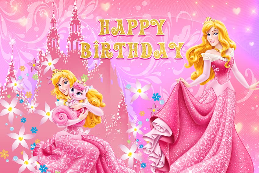 Princess Backdrop for Birthday Party Decorations, Princess Aurora Background for Baby Shower Party Cake Table Decorations Supplies, Sleeping Beauty Theme Banner, 5x3ft