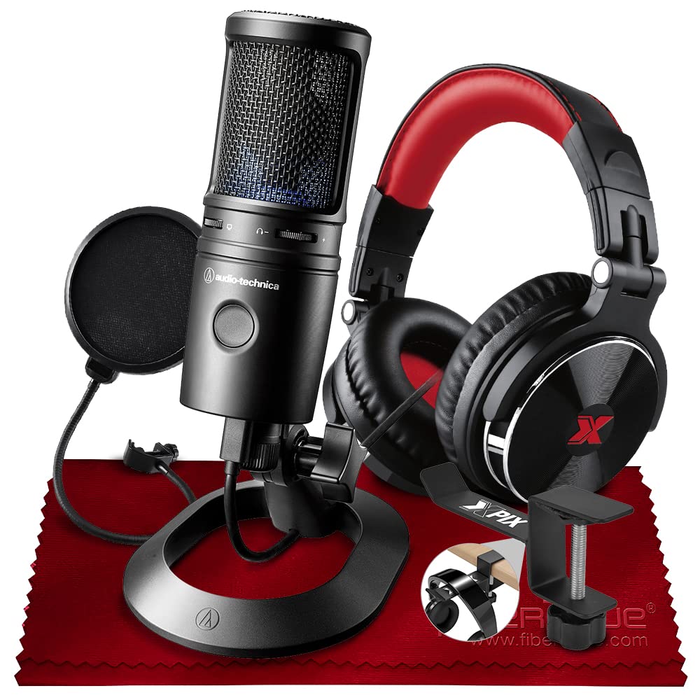 Audio-Technica Cardioid Condenser USB Microphone (AT2020USB-X) w/Built-in Headphone Jack, 24-bit/96 kHz Sample Rate Plus Xpix Bundle w/Pro DJ Headphones + Headphone Holder + Mic Pop Filter and More