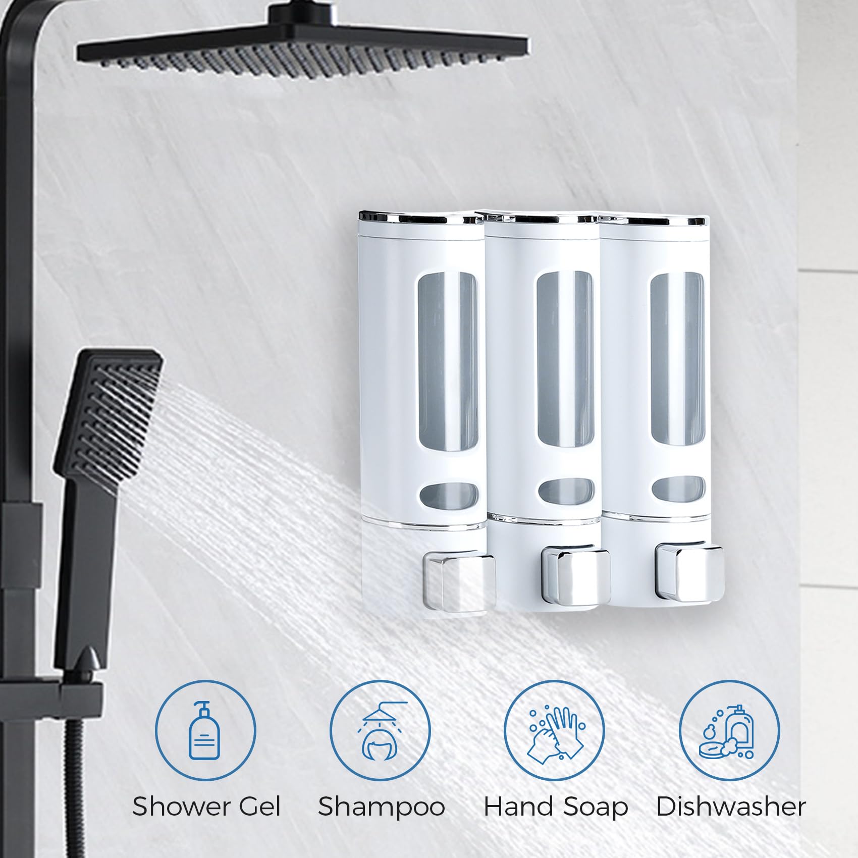 Nellyke Shampoo Dispensers for Shower Wall Mounted Soap Dispenser 3 Chambers Conditioner Body Wash Dispenser Set Clear with Glue(or Wall Mounted by Screws),3 Chambers,White