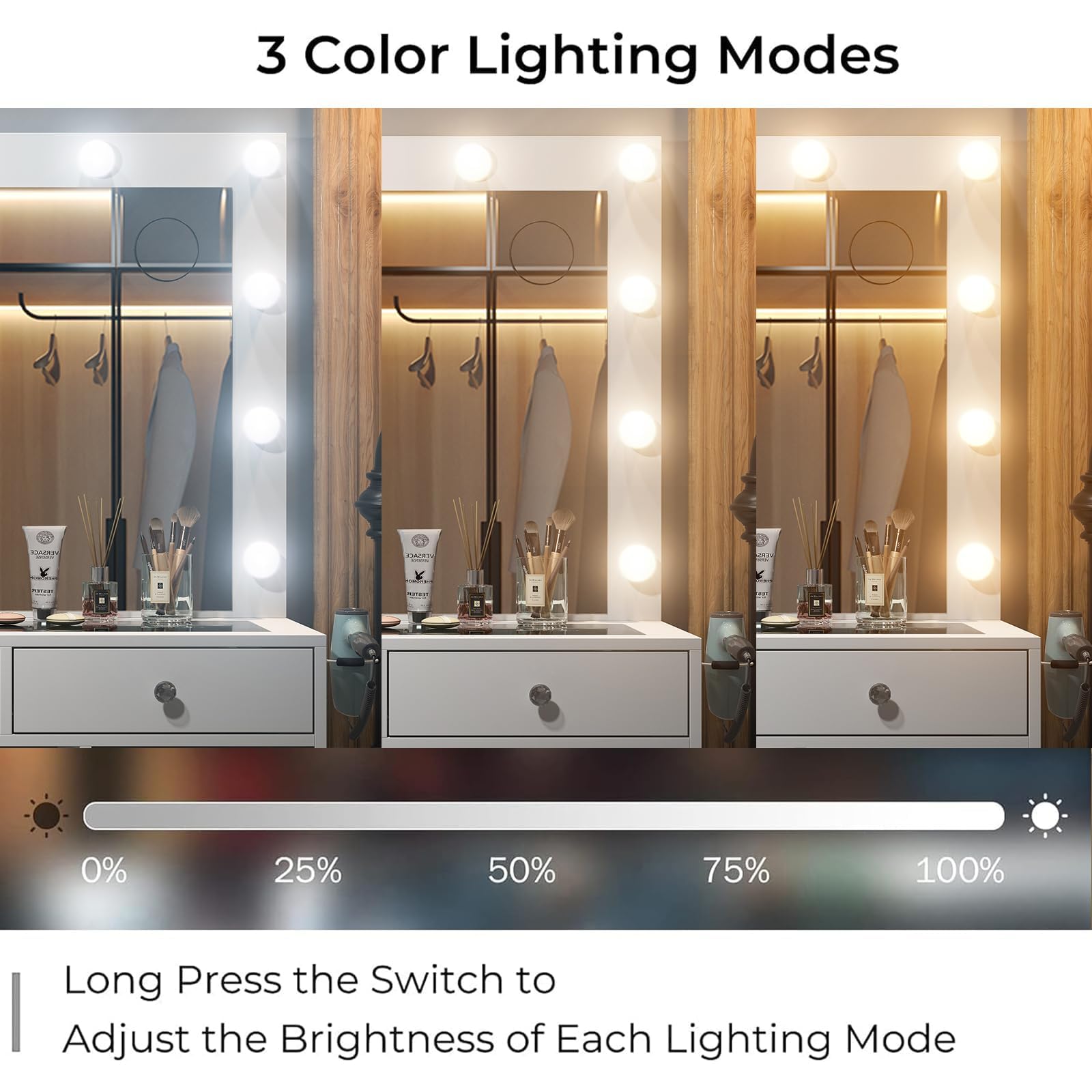 Yanosaku Vanity Desk & Power Outl, Makeup Vanity with Mirror and 12 LED Lights, Makeup Table with 11 Drawers, Vanity Table with Chair,Vanity Set 3 Lighting Modes Brightness Adjustable-(White)
