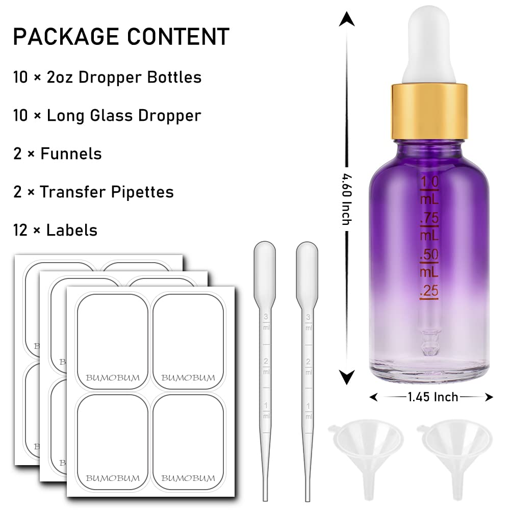 Bumobum 2 oz Dropper Bottles, Colorful Glass Dropper Bottle with Measured Dropper, Labels & Pipette,Tincture Bottles with Dropper (10 pack Multicolor Glass)