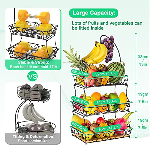 Fruit Basket Bowl, Vegetable Storage for Kitchen, 3-Tier Countertop Fruits Holder Rack with Banana Hanger, Food, Snack, and Bread Detachable Organizer Stand for Gift Large Capacity Fruit Tray