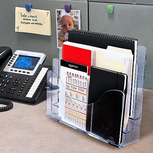 Azar Displays 250099 Three Tier File and Brochure Desktop Wall Organizer Holder with Dividers brochure display stand acrylic file holder, Clear