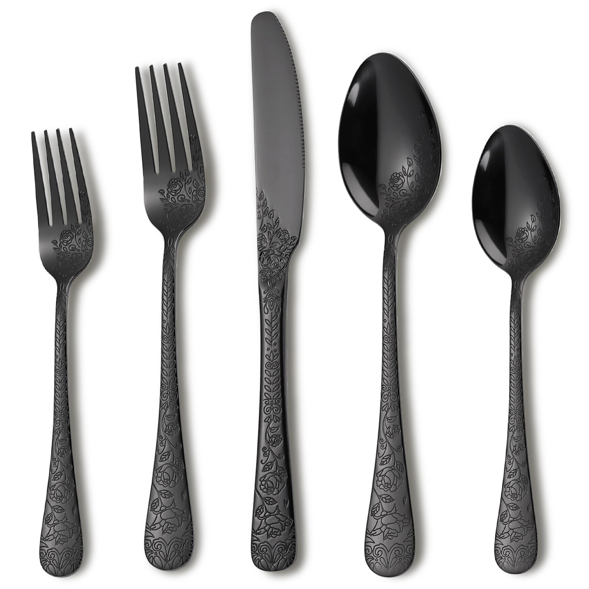 Runfly Vintage Carved LASER-ETCHED Floral Black Silverware Set for 4, Stainless Steel 20-Piece Flatware Set with KnifeForkSpoon, Cutlery Set for Home