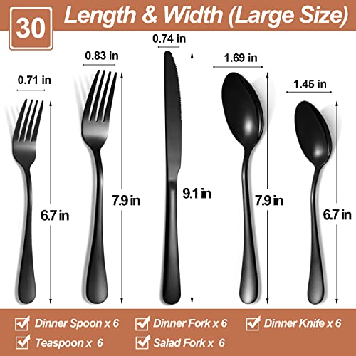 Lazycorner 30 Pcs Black Silverware Set for 6, Food Grade Stainless Steel Flatware Set Include Fork/Knife/Spoon, Mirror Polished Eating Utensils Sets, Durable Silverwear Cutlery Set, Dishwasher Safe