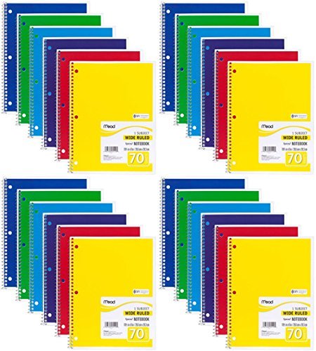 Mead Spiral Notebook, Wide Ruled, 1 Subject, 70 Sheets, 8 x 10.5 Inches, Assorted Colors (05510) Pack of 24