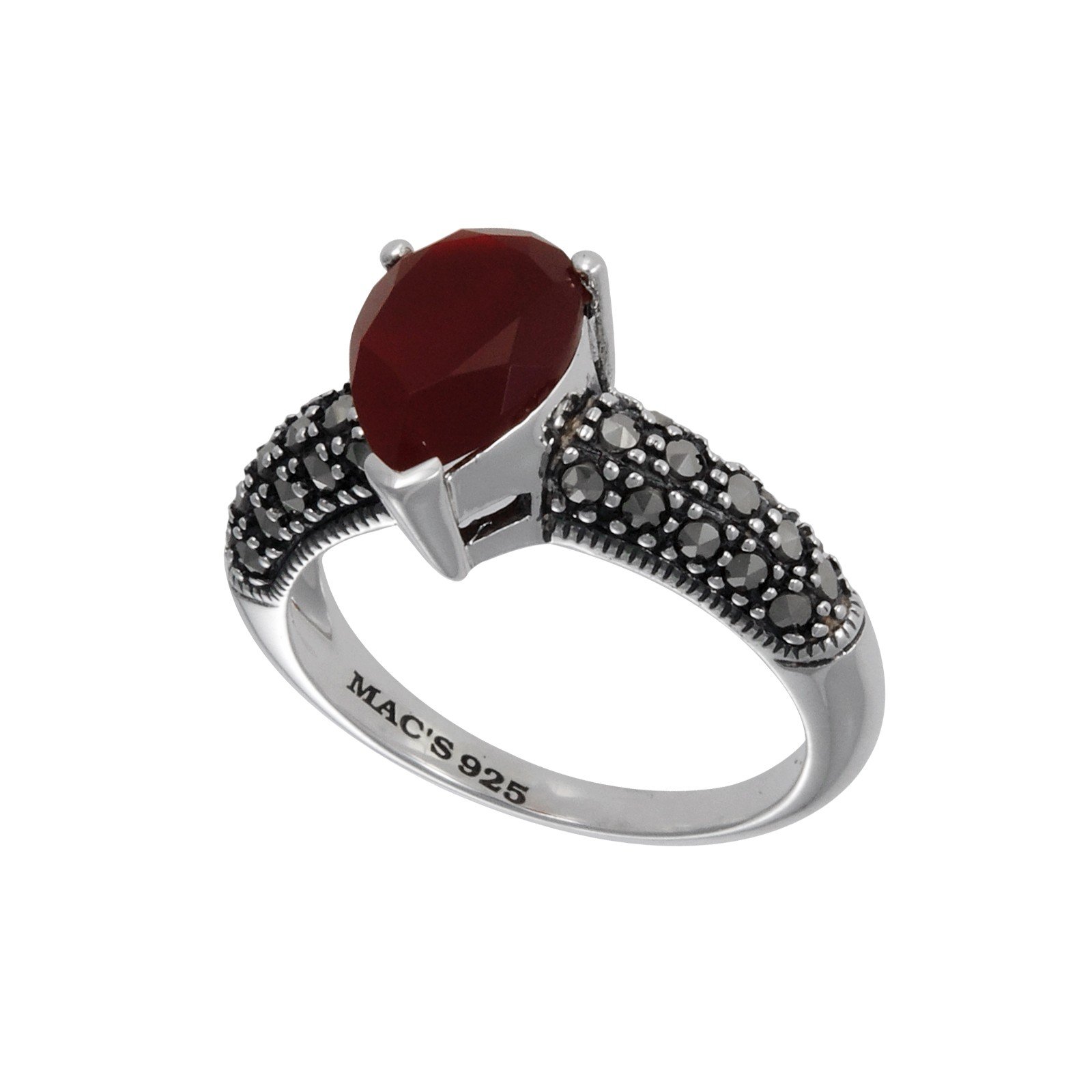 Aura by TJM MARC 925 Sterling Silver 1.50 ct Pear cut Red Agate with 0.30 ct Marcasite Ring