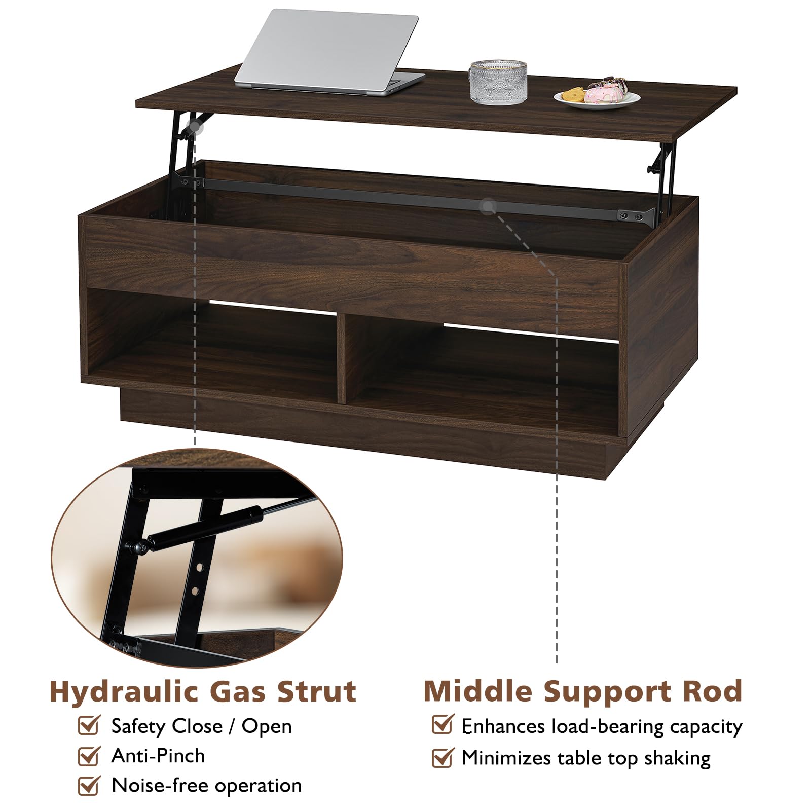 HOMMPA Lift Top Coffee Table with Hidden Storage LED Coffee Table Dark Walnut Living Room 3 Tiers Tea Table with Storage Center Tables Hidden Compartment & 2 Open Shelves