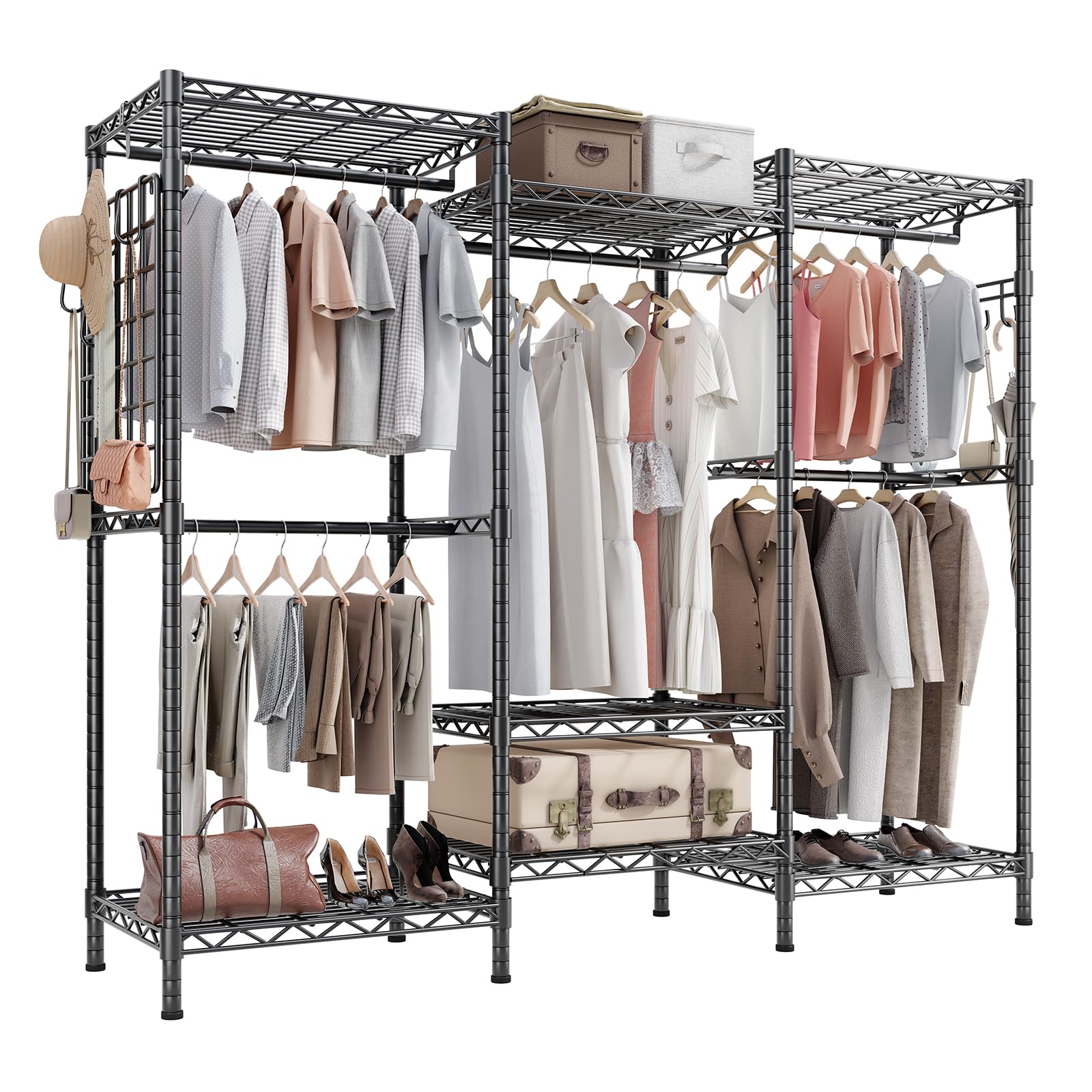 HOKEEPER Clothes Rack Heavy Duty Clothing Rack for Hanging Clothes 1600LBS Freestanding Garment Rack with 5 Hang Rods, Side Mesh Board & Hooks, Portable Wardrobe Closet 70" W X 17" D X 76" H, Black
