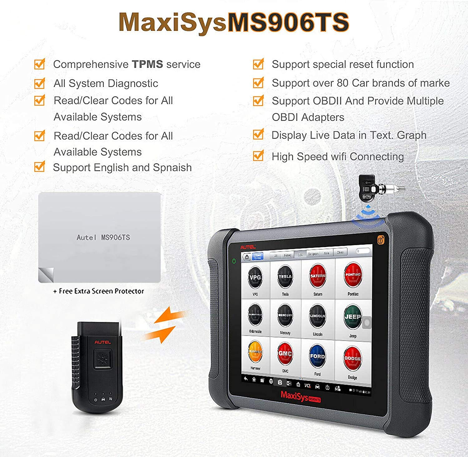 Autel MS906TS(with Extra Screen Protector) Programming TPMS Car Diagnostic Scanner ECU Coding Active Test IMMO Keys OE-Level Oil Reset EPB/SAS/ABS Bleeding(Maxisys MS906BT+MK808TS/TS608)