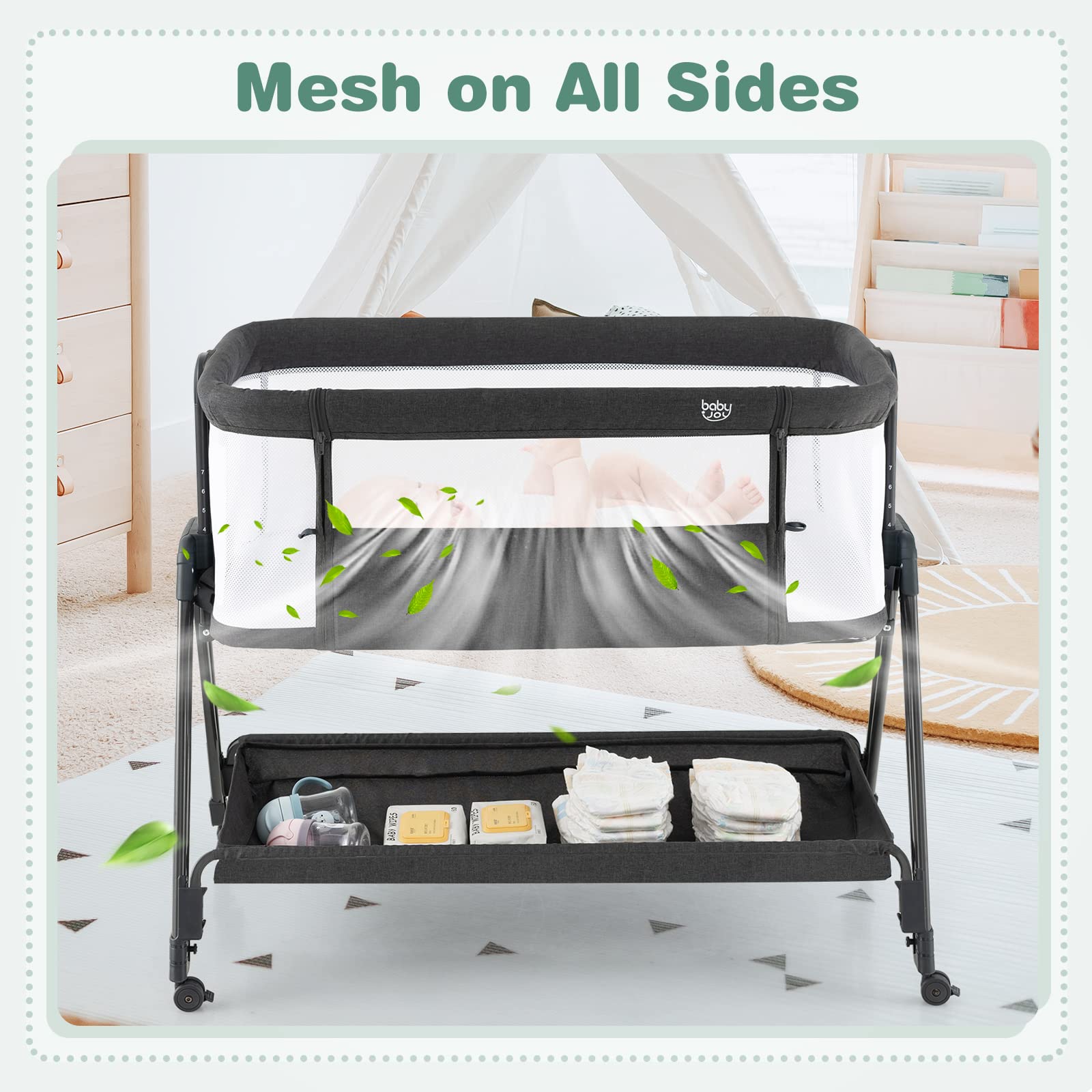 BABY JOY Bassinet Bedside Sleeper, Easy Folding Baby Crib w/All-Side Mesh, Storage Shelf, 7 Adjustable Heights, Mattress & Travel Bag for Safe Co-Sleeping, Portable Baby Bed for Newborn Infant -Gray