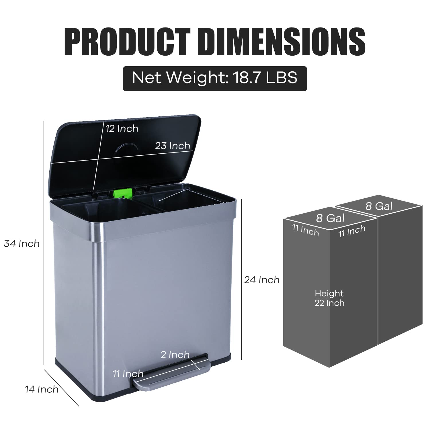 MGHH Trash Can,16 Gallon (2X30L) Dual Garbage Can with Mute Metal Waste Bin, Stainless Steel Double Compartment Classified Recycle Garbage Pedal Dustbin,Suit for Kitchen,Office,Bedroom