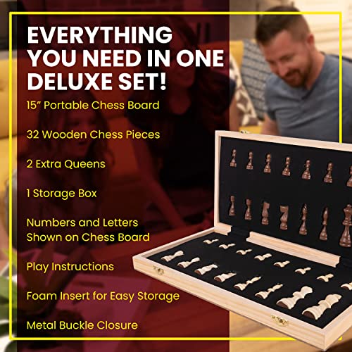 Magnetic Wood Chess Set-15-Inch-Folding Board, Portable Travel Chess Board Game Set Comes with Crafted Chess Game Pieces, Numbers & Letters in a Solution Storage, Great Chess Sets for Kids & Family.