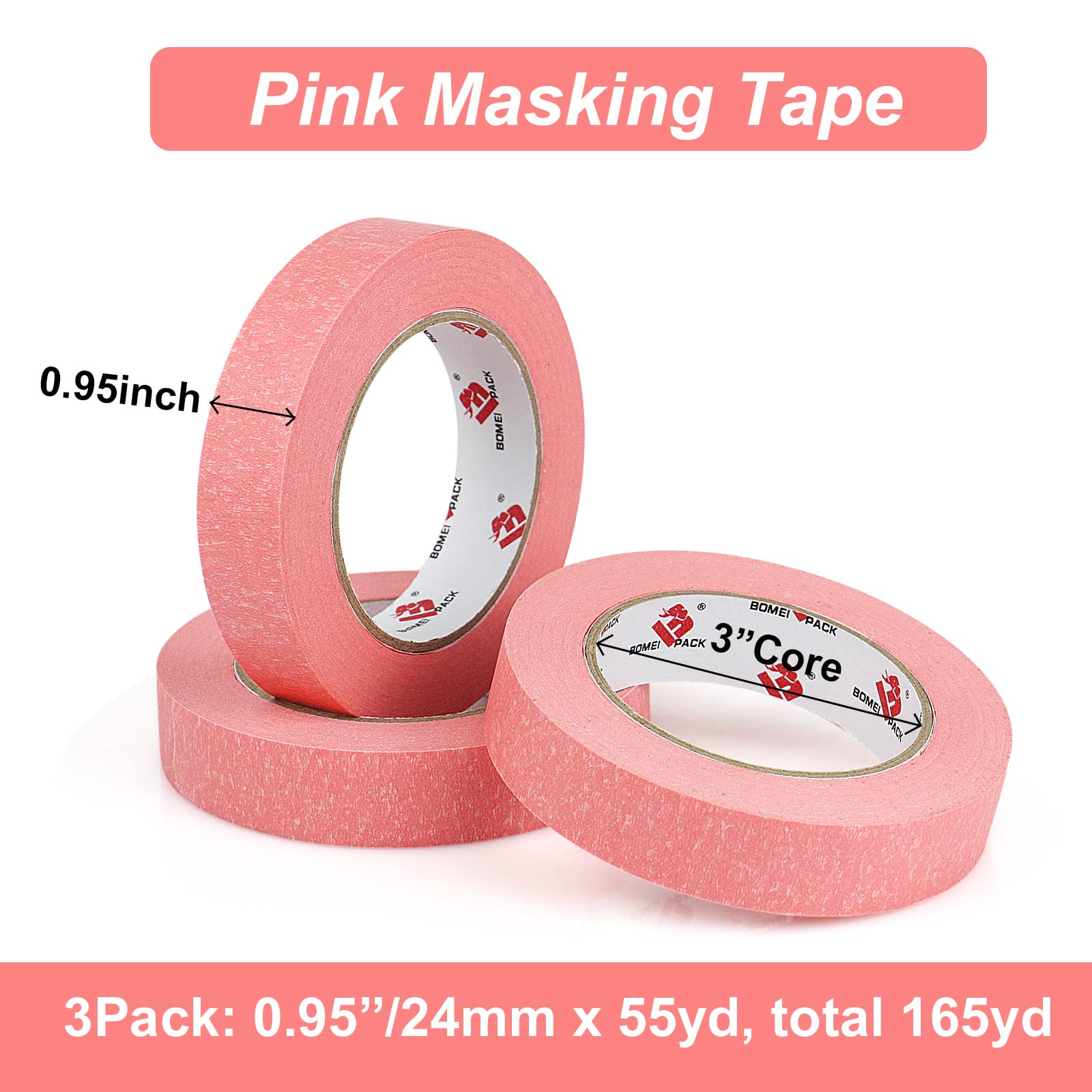 BOMEI PACK Pink Painters Tape 0.94-Inches x 55 Yards (3-Pack), Painters Masking Tape Bulk - Sharp Edge Line Technology, Produces Sharp Lines | Residue-Free and Artisan Grade Wall Trim Tape