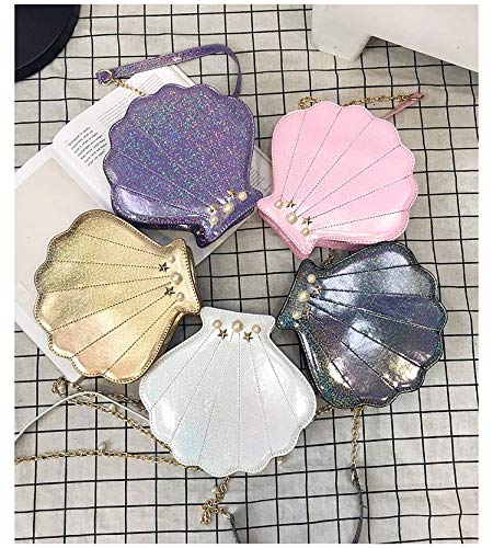 Hologram Laser Shell Shoulder Bags Pearl Cross-body Chain Purse Bags for Womens(Purple)