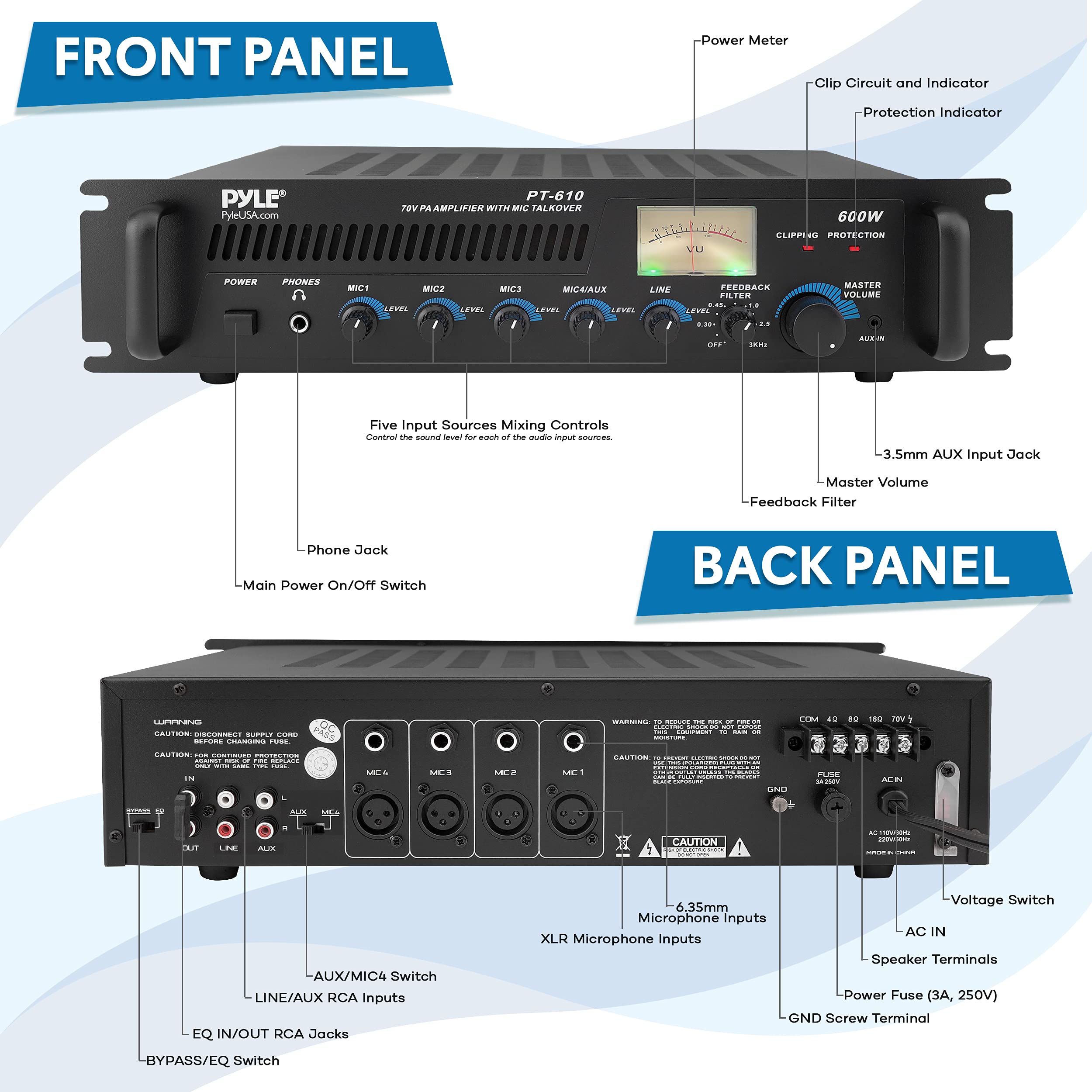 PyleHome 5-Channel Home Audio Power Amplifier - Mixer w/ 70V Output - 600 Watt Rack Mount, Headphone, Mic Talkover for PA System Great for Commercial Entertainment Use -Pyle PT610