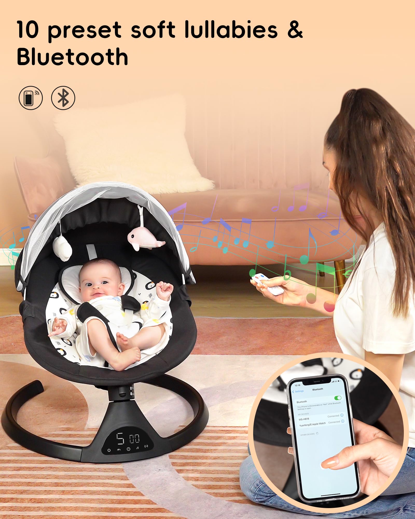 Baby Swing for Infants to Toddler Portable Babies Swing Timing Function 5 Swing Speeds Bluetooth Touch Screen Music Speaker with 10 Preset Lullabies 5-Point Carabiner