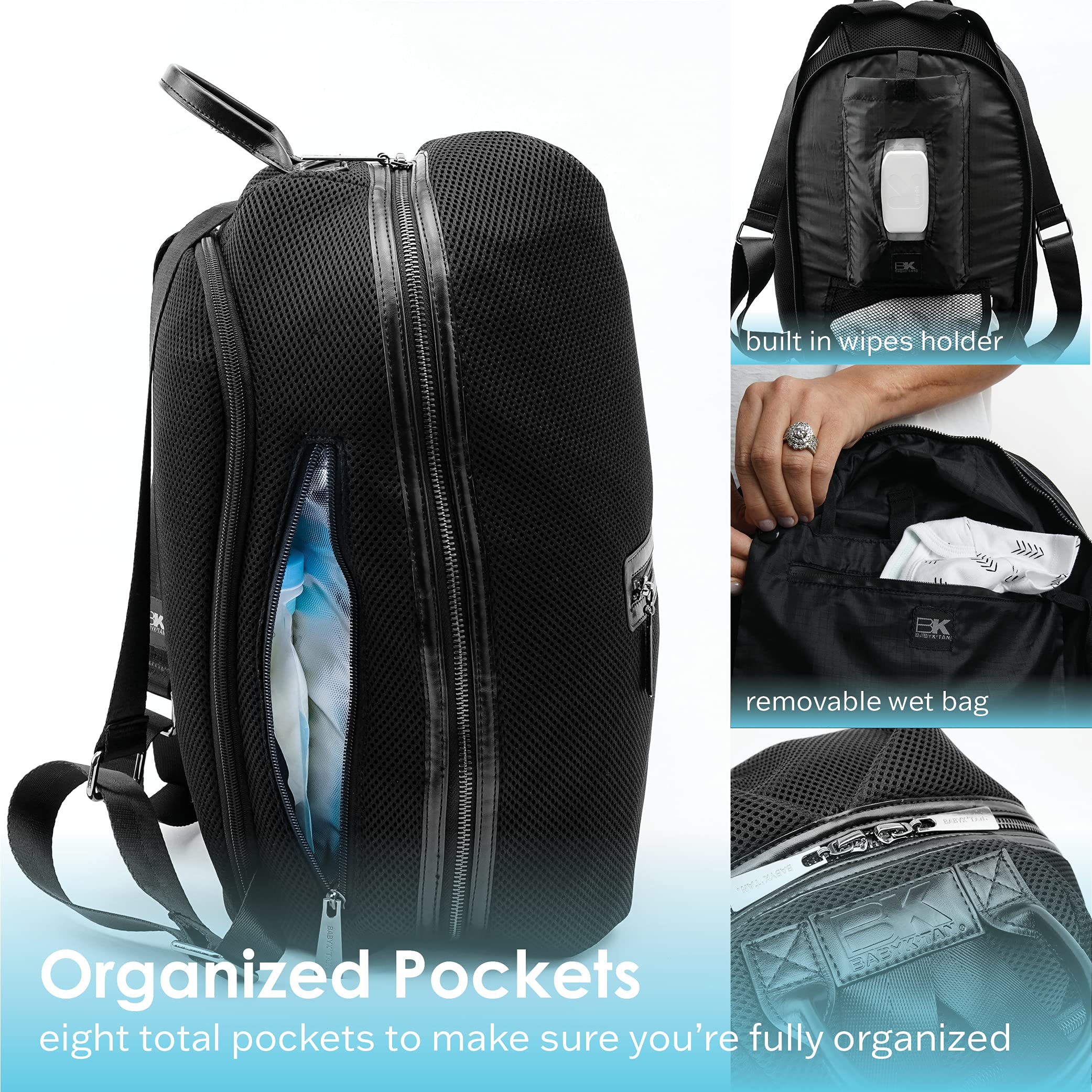 Baby K'tan Sojourn Diaper Bag – Lightweight Backpack Changing Station with Insulated Cooler, Removable Wet Nappy Bag and Laptop Pouch, Mesh Black