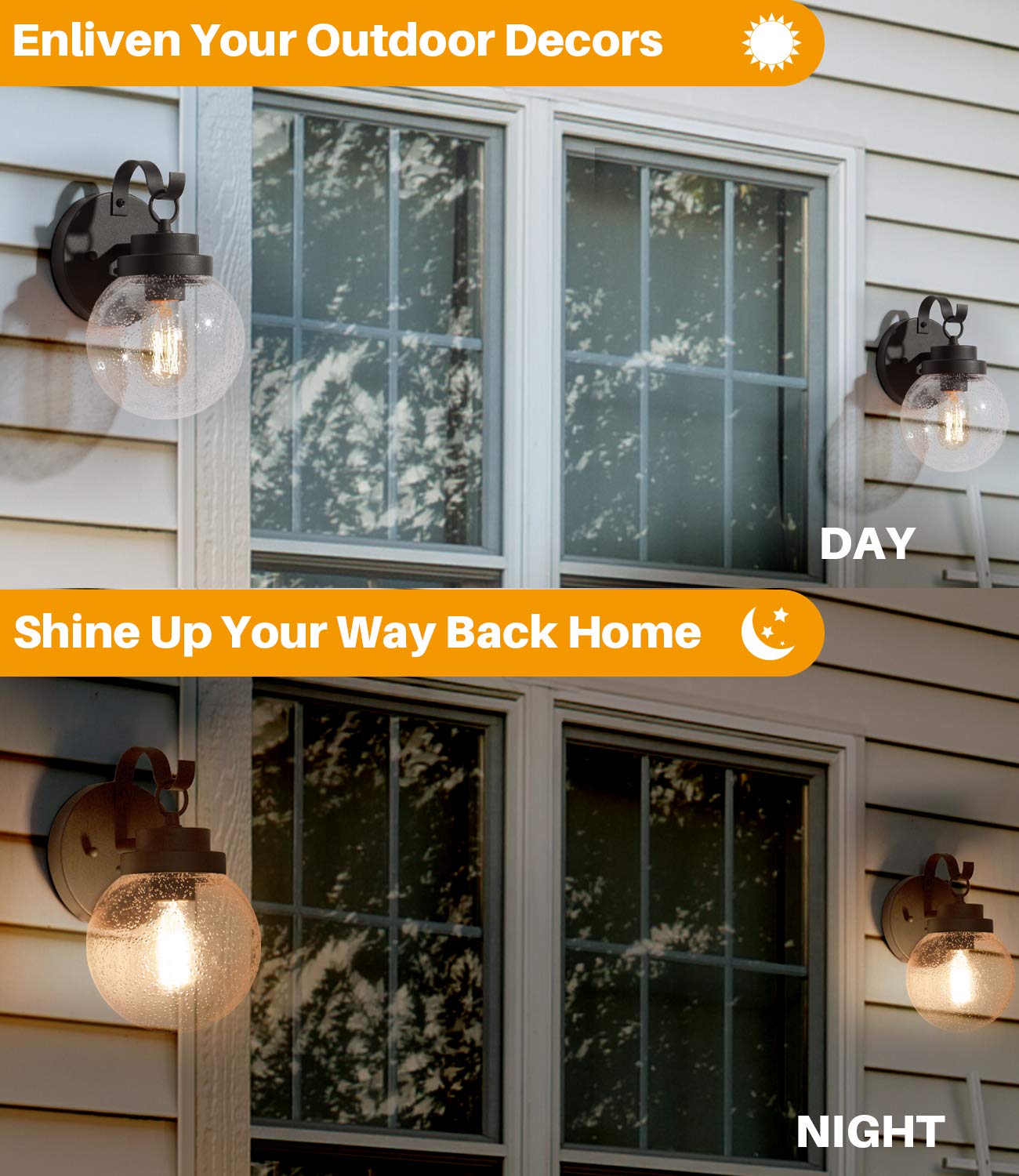 LALUZ Sphere Porch Light, Outside Lights for House with Seeded Glass Globe, Weather-Proof Outdoor Light Fixtures Wall Mount for Front Door, Garage, Yard, Patio, Textured Black Finish, 2 Pack