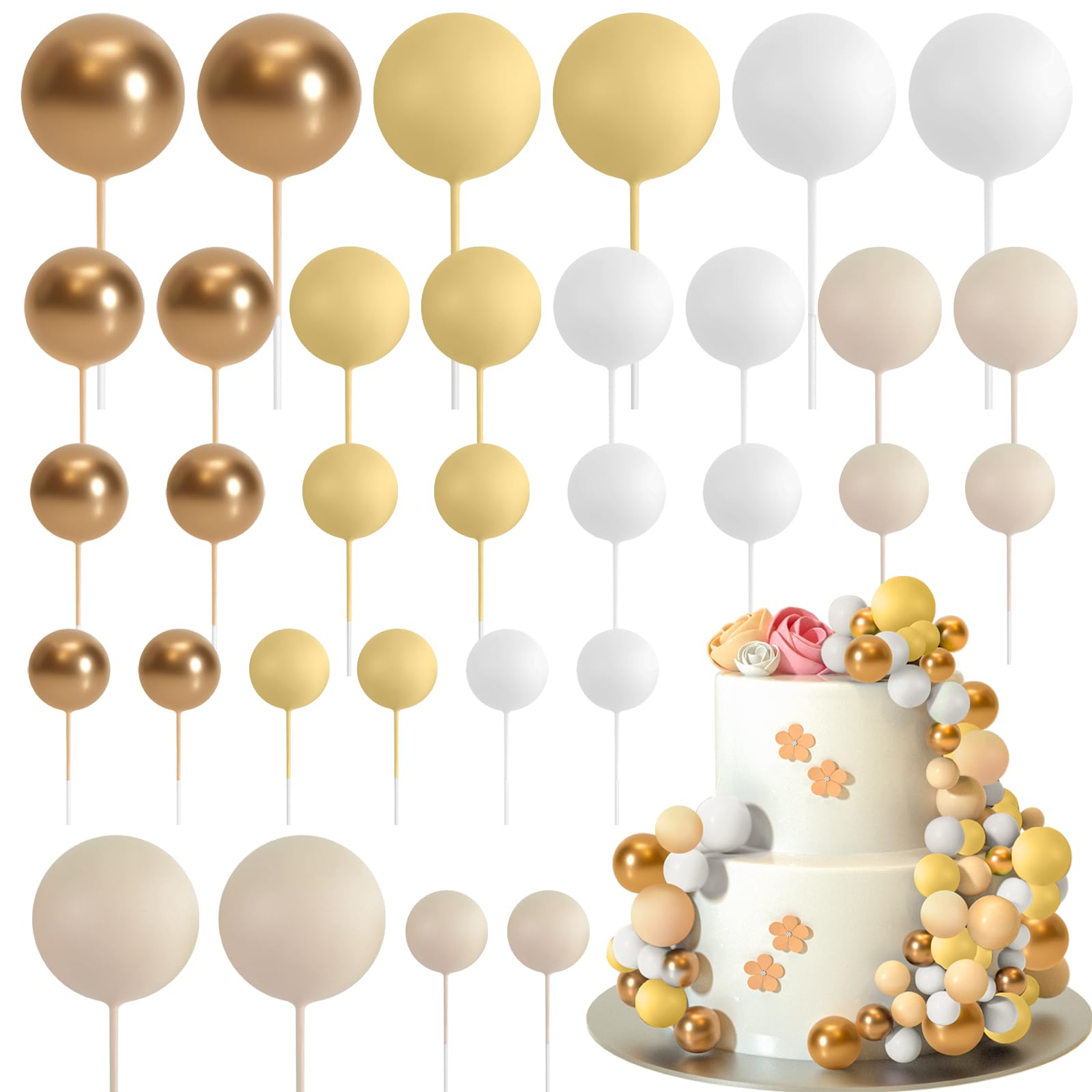 ASTARON 32 Pcs Ball Cake Topper Decorations Mini Balloons Cake Topper Sticks Foam Balls Cake Picks Cake Topper Balls Cake Decorations for Wedding Party Birthday Cake Decorations (Yellow Gold)