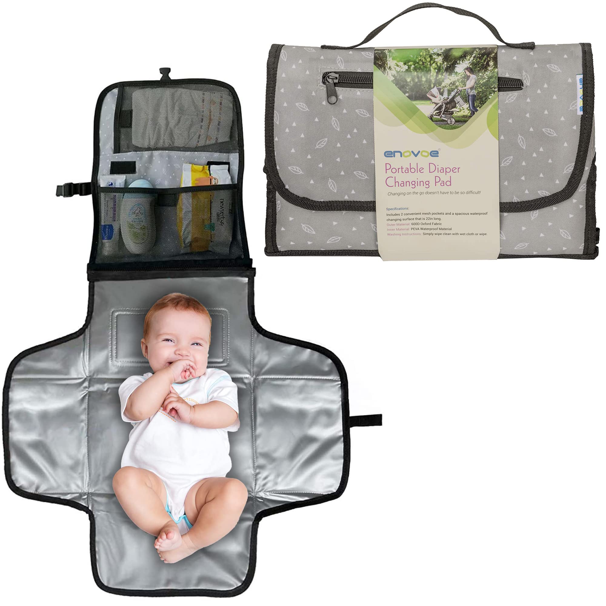 Enovoe Portable Diaper Changing Pad for Baby - Travel Changing Mat with Built-in Head Pillow - Foldable Diaper Changing Station - Baby Travel Essentials - Black Arrow Design - 11.81x8.66x1.18 inches