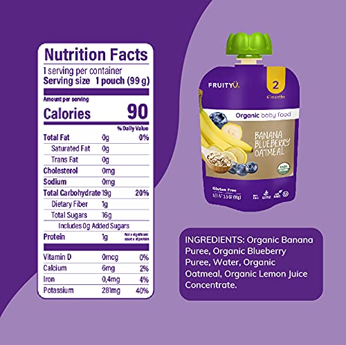 FruityU Organics Baby Food Stage 2 Variety Pack - Banana Blueberry Oatmeal, Apple Mango Spinach, Apple Cherry 3.5 ounce pouch (Pack of 12)