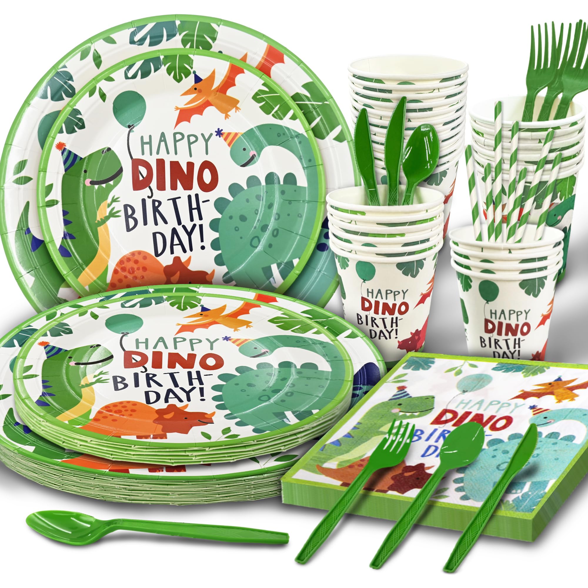 Party Spot! 260 Pcs Dinosaur Birthday Decorations, 20 Tableware Sets, Dinosaur Foil Balloons, Sticker, Banner, Dinosaur Paper Plates, Cups, Balloon Pump, Dinosaur Party Decorations