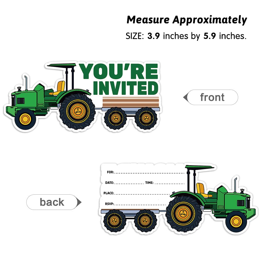 Cusrtyh 15 Sheets Tractor Party Celebration Invitations card with with 15 Envelopes,Green Tractor Birthday Party,Farmer Tractor Party Celebration Invitation cards, Birthday Party Supplies