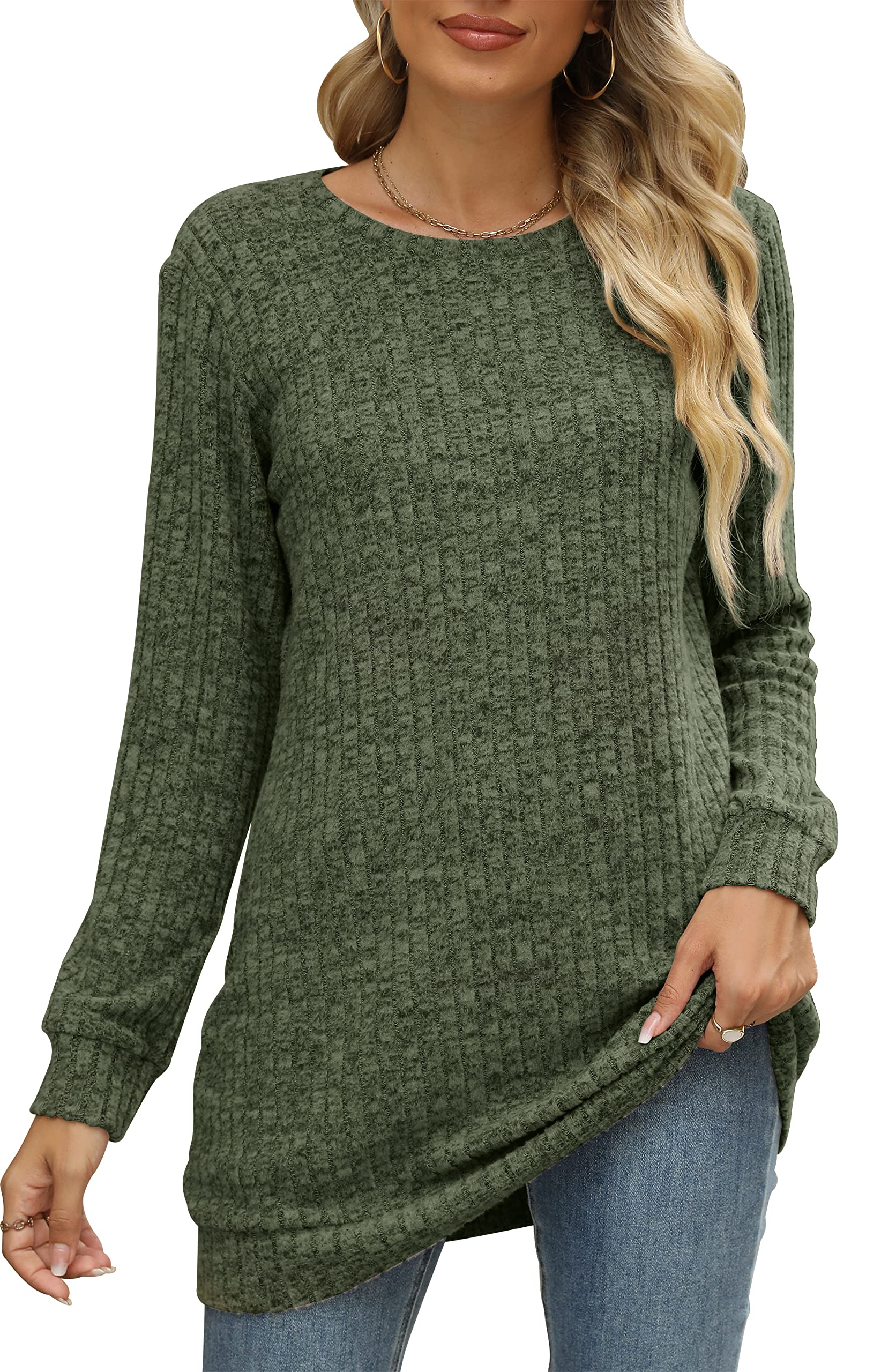 Auremore Fall Tops for Women Long Sleeve Crewneck Oversized Sweaters for Women Trendy Green
