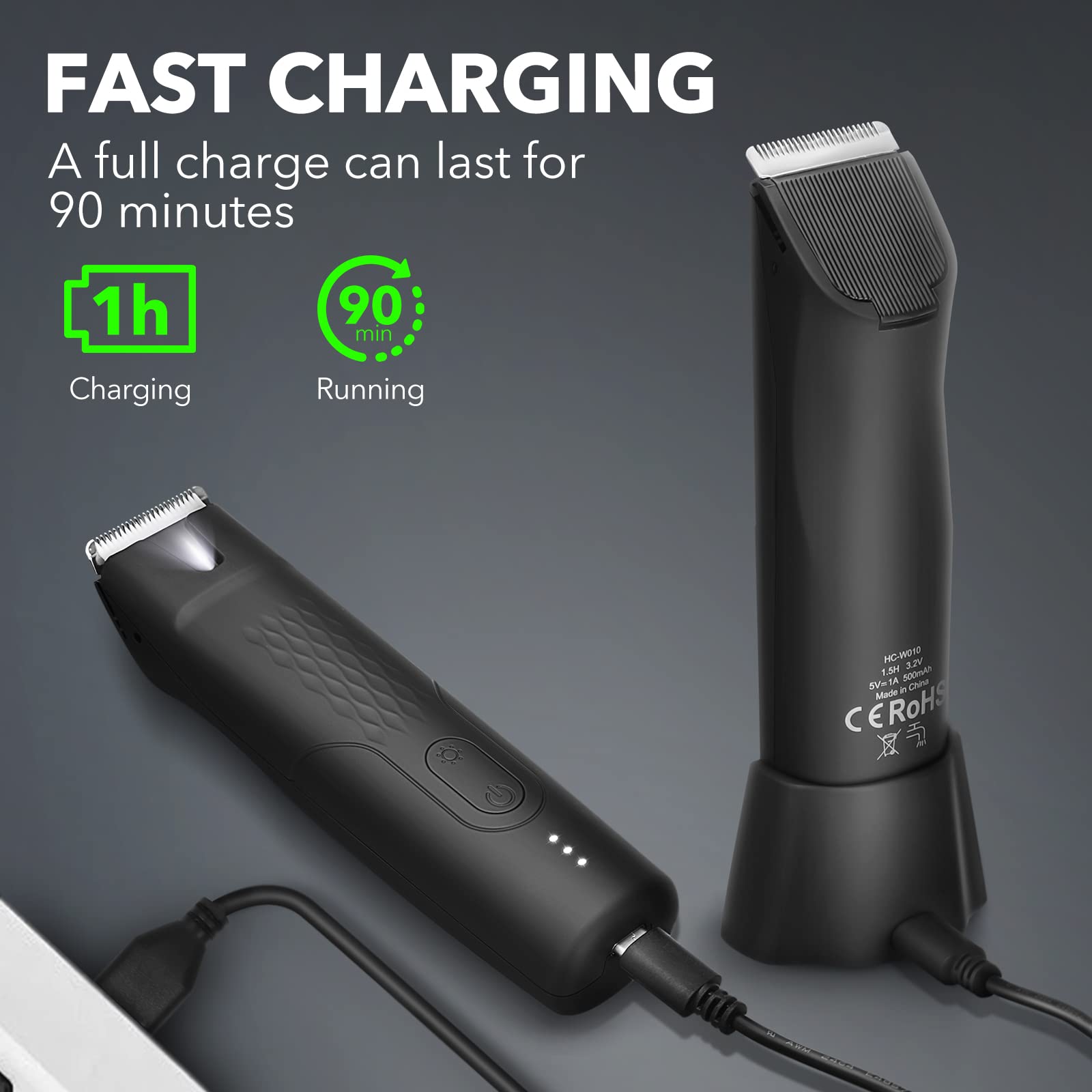 Beesjuy Men's Body Hair Trimmer, Waterproof and Dry Use, LED Light, Ceramic Blade, Matte Material, 100 Minutes Battery Life