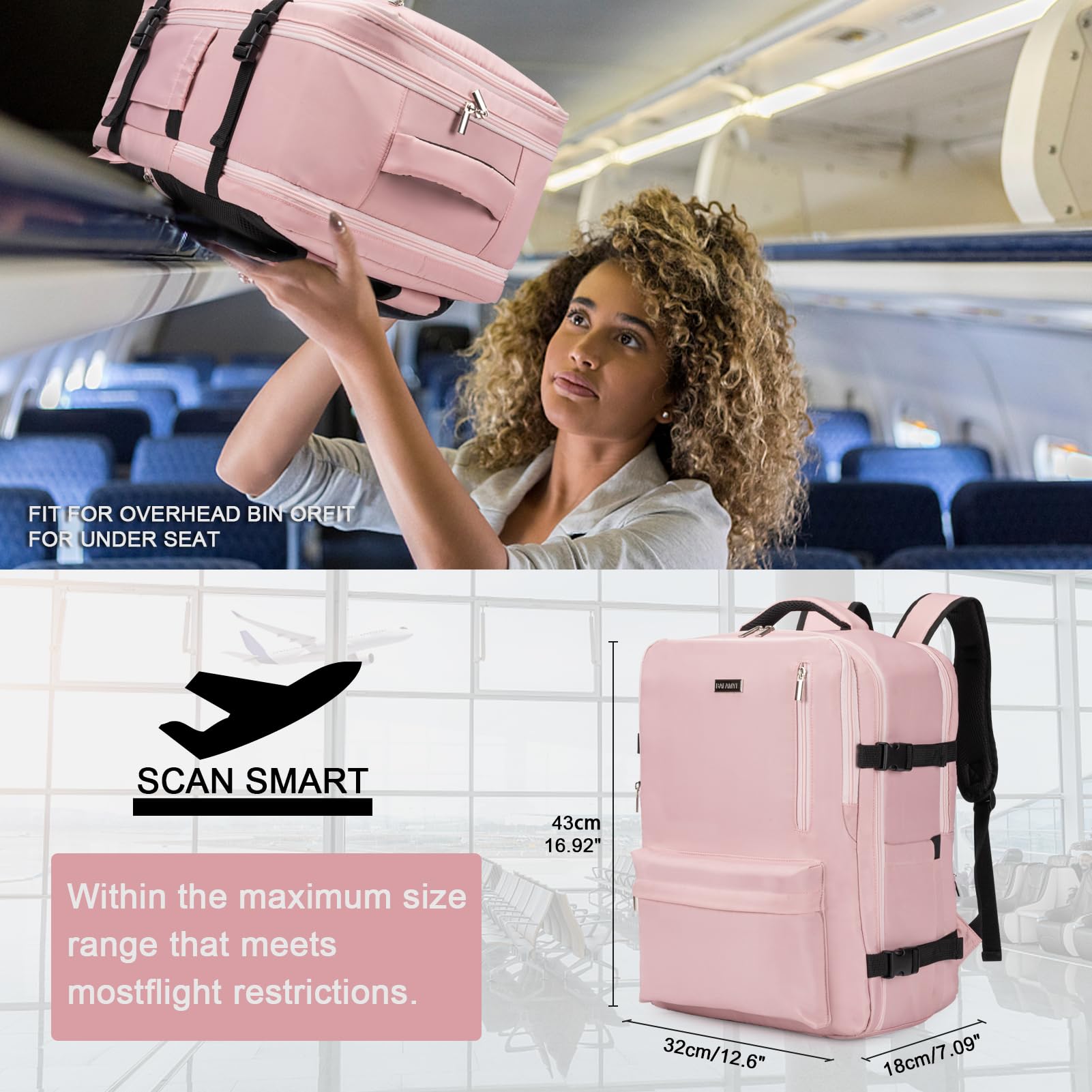 BAFAMYE Travel 17" Laptop backpack personal item size,TSA Friendly Carry-on Backpack Airline Approved Women Men,Waterproof Durable Business Backpack with USB Charging Port,Weekend backpack-Pink